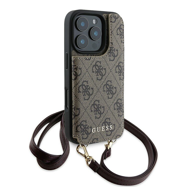 Guess чехол для iPhone 16 Pro, Crossbody cardslots 4G с ремешком через плечо и двумя карманами для карт коричневый