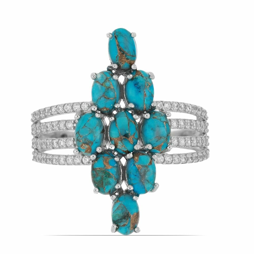 Кольцо, серебро, 925 проба, родирование, циркон, бирюза