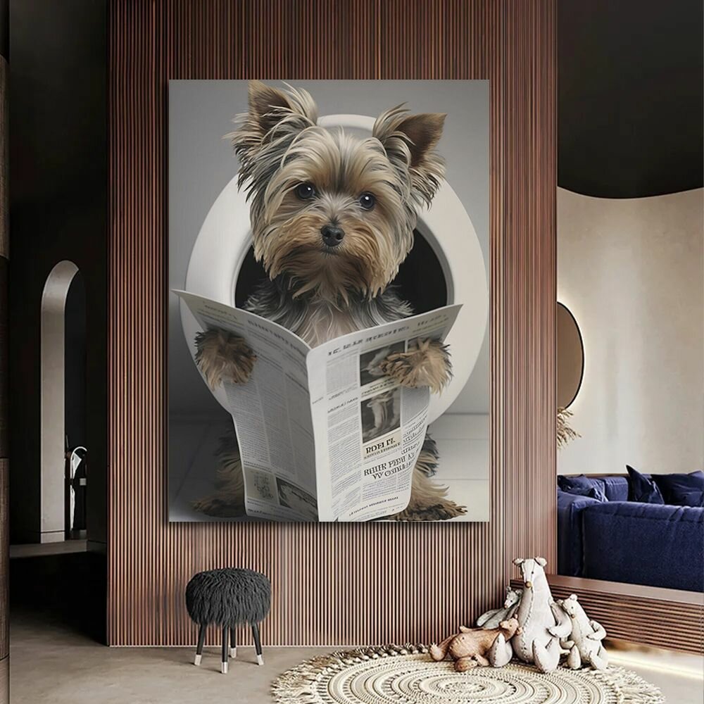 Картина в туалет, собака на унитазе, Йоркширский терьер читает газету