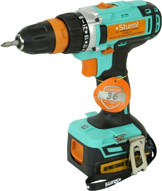 Дрель-шуруповерт аккумуляторная Sturm! CD-3614T 14В, 1BatterySystem, 2аккx2.0Ач LiIon, 15/28Нм, съемный патро
