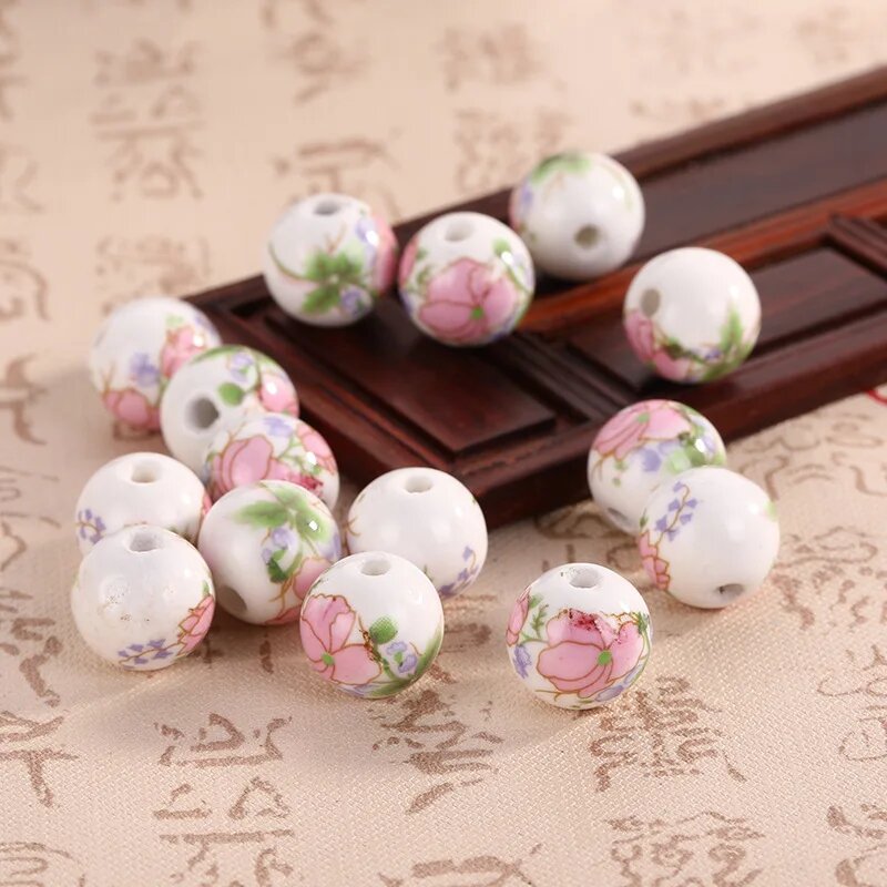 Керамические бусины цветочные узоры 6/8/10/12 мм Белый, 8mm 10pcs, 002