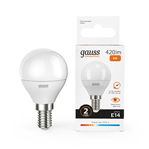 Лампа Gauss Elementary Шар, мощность 8Вт, световой поток 540 lm, температура 4100К, цоколь E14