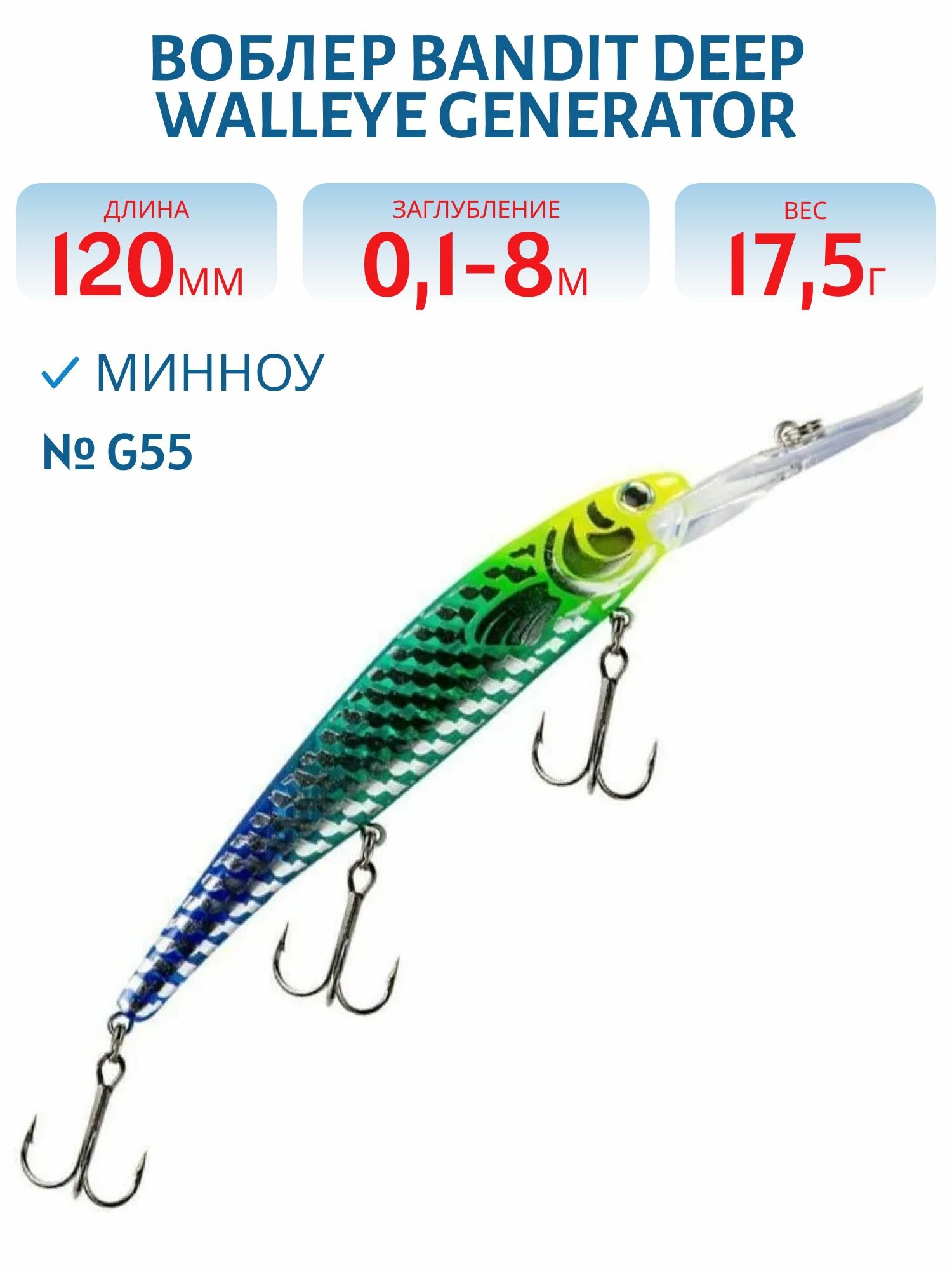 Воблер BANDIT DEEP WALLEYE GENERATOR, 120 мм, 17,5 гр, цвет G55