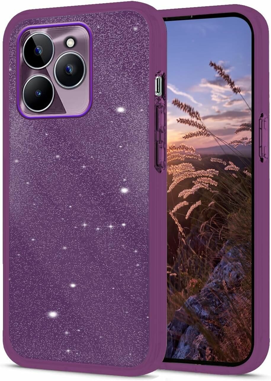 Чехол на Tecno Spark 20 Pro(Текно Спарк 20 про) прозрачный противоударный силиконовый чехол, блестками, с Защитное стекло на камеру(фиолетовый, Purple)