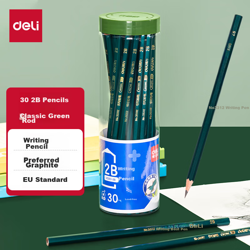 Deli 30-Pack 2B Green Barrel Pencils, Hexagonal Barrel Student Exam Drawing Pencils for Doodling, Lead-Resistant, Writing Pencils Gift HC801-2B [Christmas New Year Supplies]