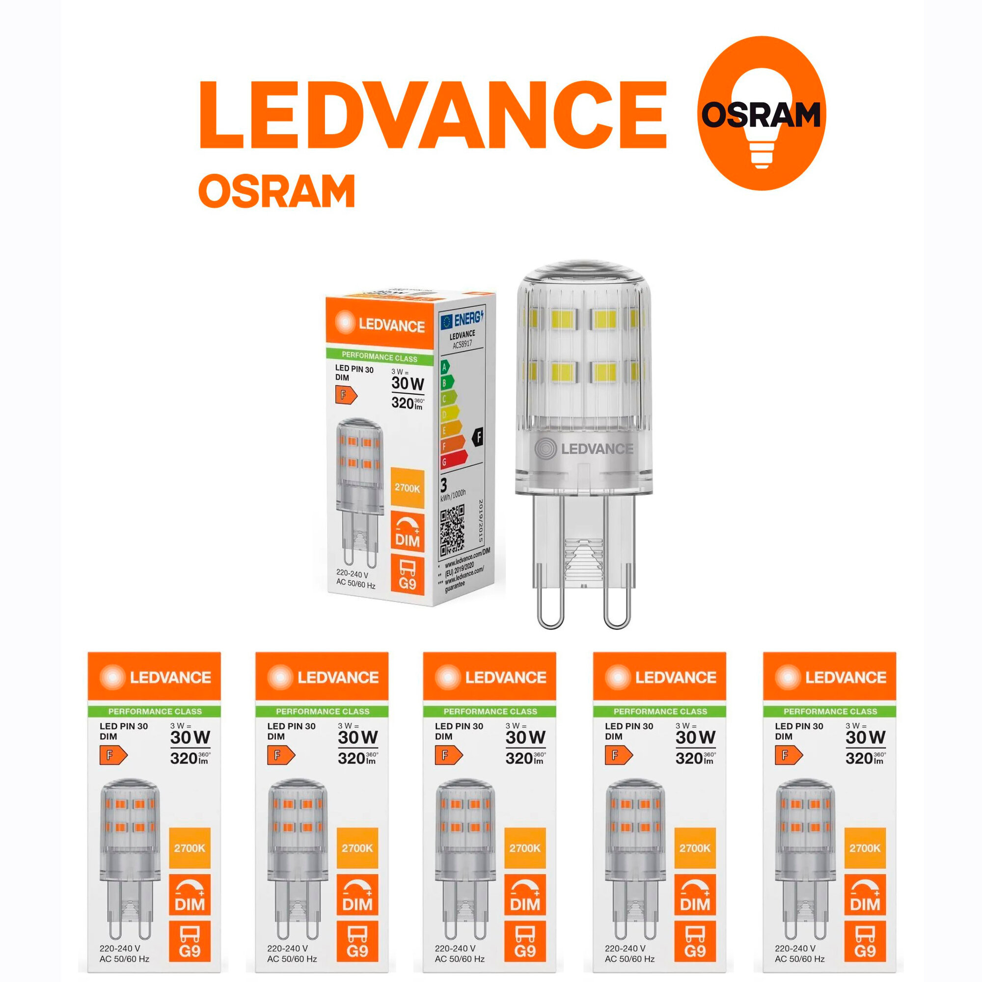 5шт/уп. Лампа LED Капсула 3W 230V G9 PIN DIM Диммируемая 320Лм d18x49 Угол 360 град. 2700К Свет Теплый белый LEDVANCE-OSRAM, уп. 5шт