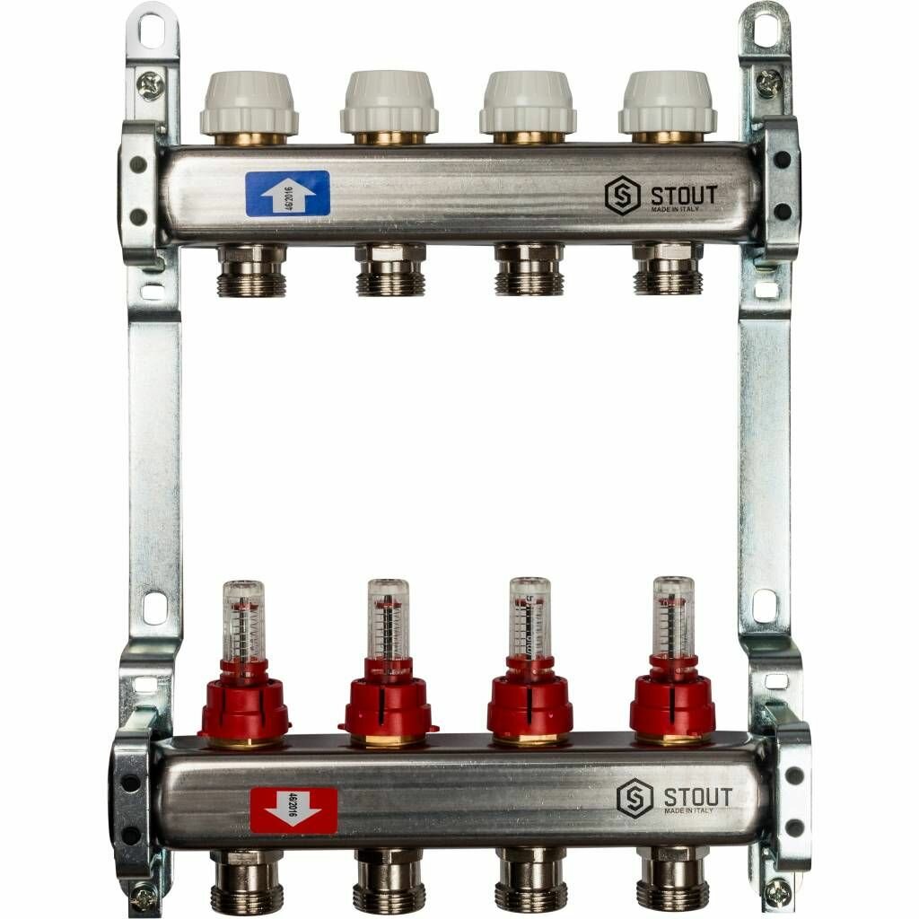 Коллекторная группа STOUT с расходомерами на 4 выхода из нерж. стали