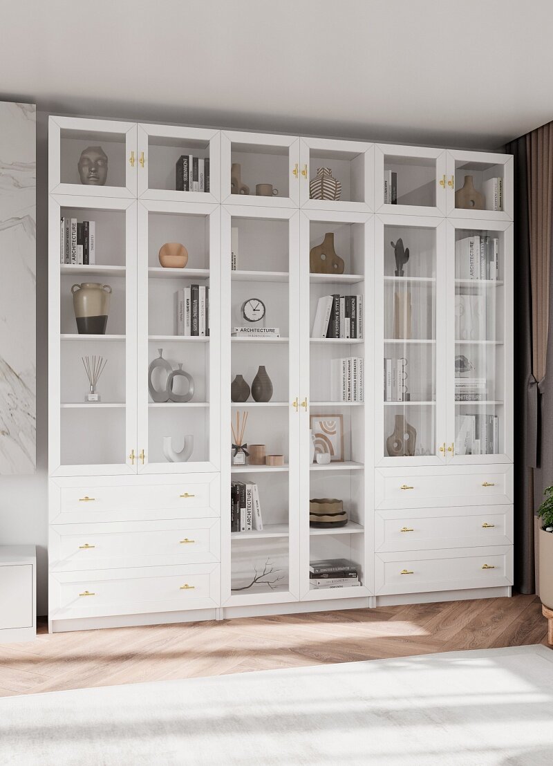 Шкаф книжный стеллаж Билли Хелена Billy по мотивам Икея Ikea - 54 Белый / Золото 240x30x250 золотистый для книг