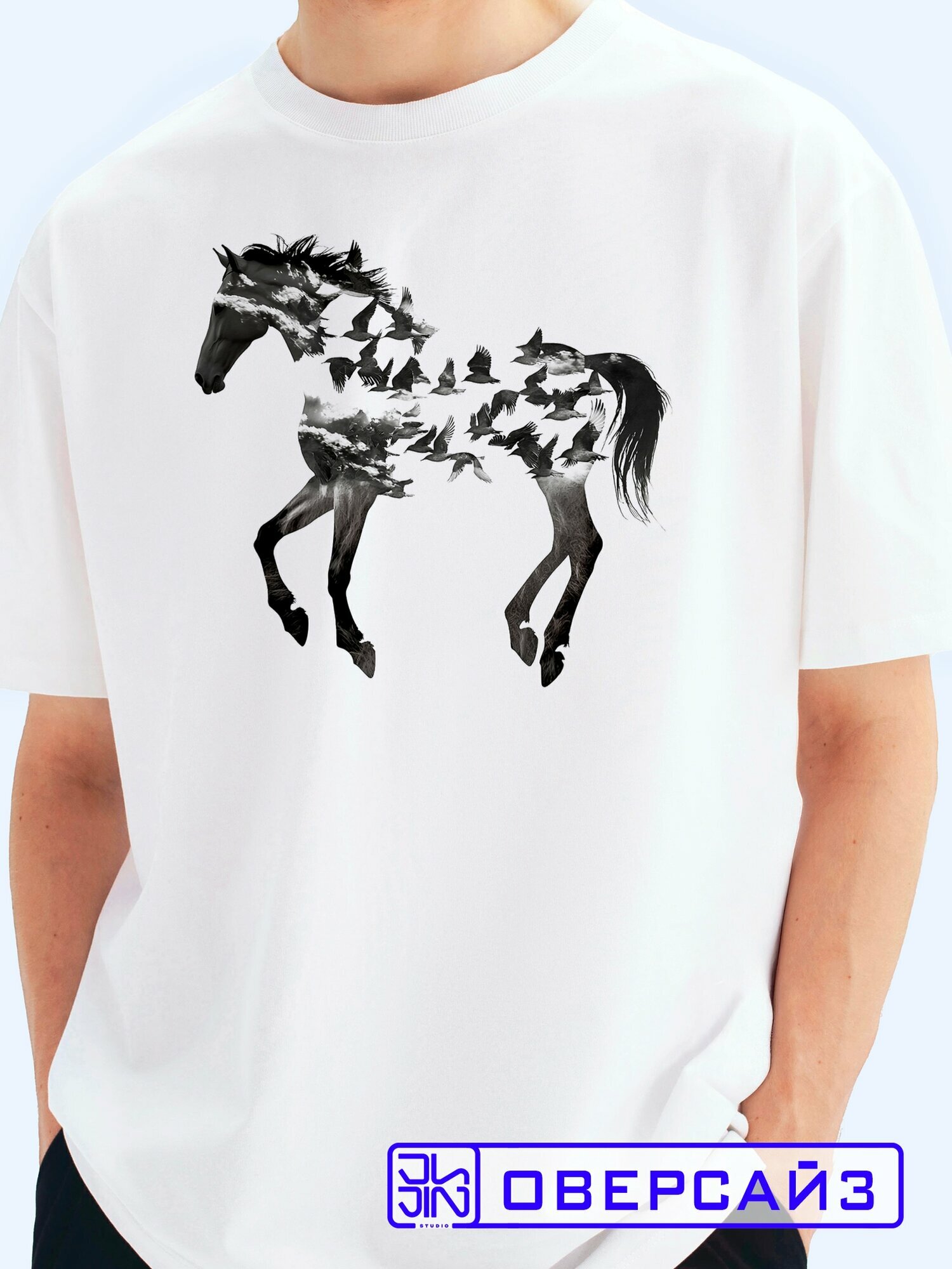 Футболка Jujin Studio оверсайз мужская с принтом Черно белая лошадь с воронами и облаками, оригинальное черное изображение, белый хлопковый трикотаж с прикольным рисунком на груди