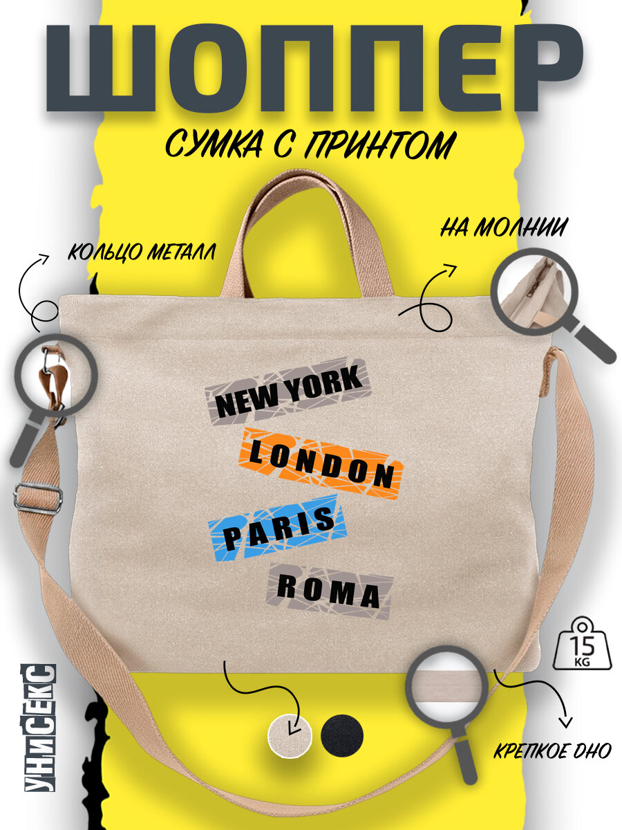 Сумка  шоппер y2k через плечо надпись Нью Йорк Лондон Париж Рим