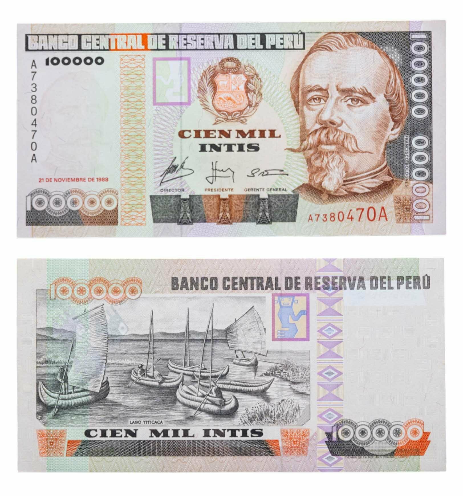 Перу 100000 инти 1988 года Pick 144