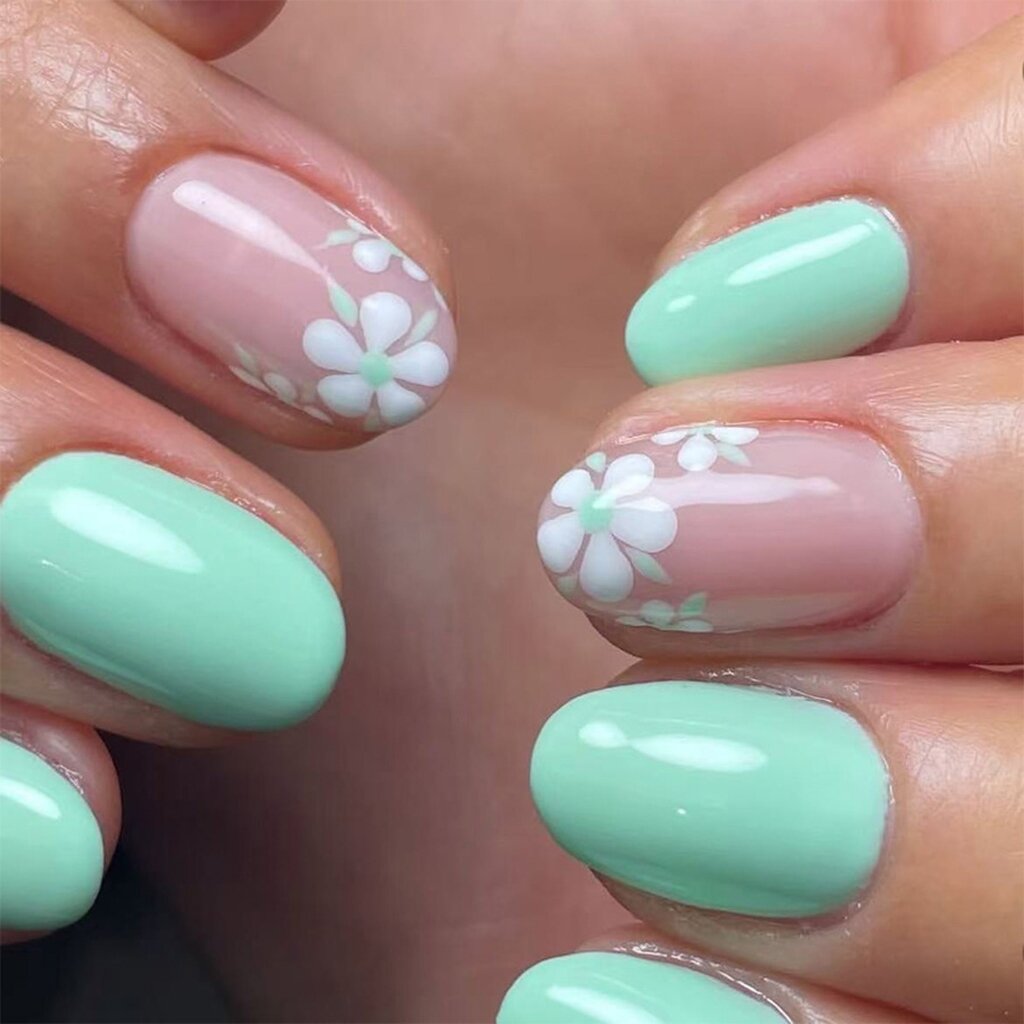 24шт Миндальный Пресс на Ногте Цветок Французский Поддельный Ноготь Акриловый Накладной Ноготь, Искусственные Клеи для Ногтей на Ногте для Женщин Девочек