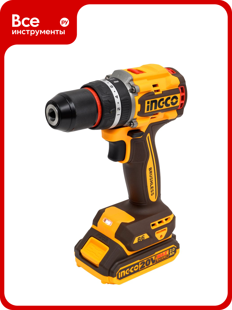 Аккумуляторный ударный шуруповерт INGCO 20B BL 86Hm 2хАКБ и ЗУ кейс, бесщеточный двигатель, профессиональный инструмент