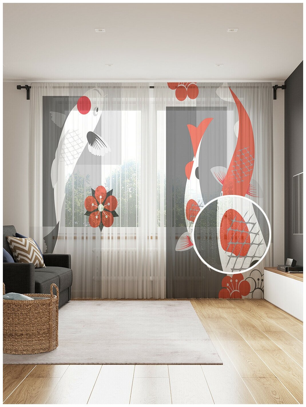 Тюль для кухни и спальни JoyArty "Японские карпы", 2 полотна со шторной лентой шириной по 145 см, высота 265 см.