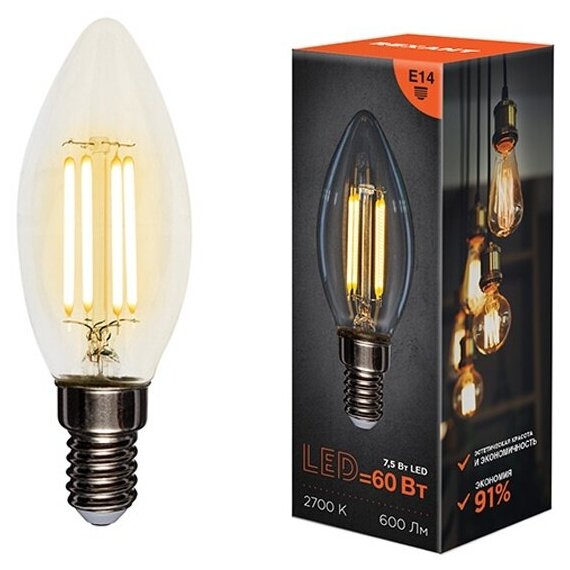 Лампа филаментная Rexant Свеча CN35, 7.5 Вт, 600 Лм, 2700K, E14 в прозрачной колбе