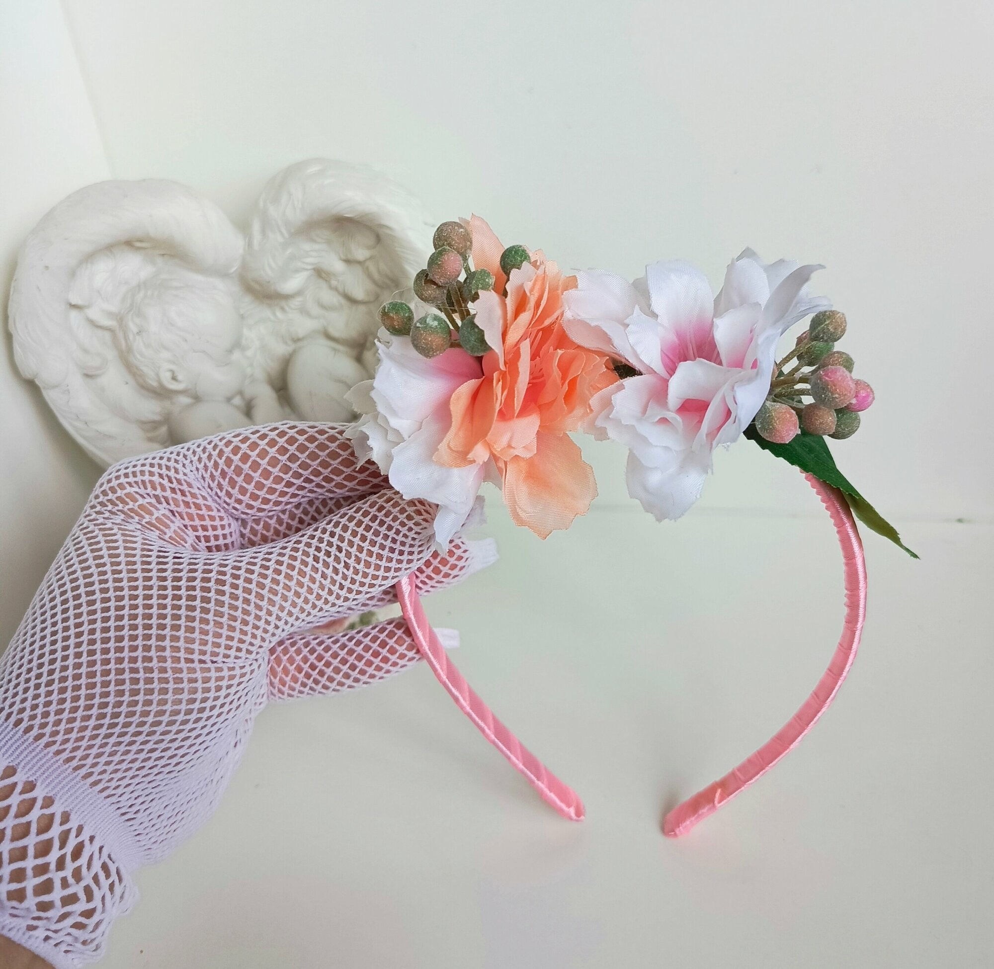 Ободок детский с цветами оранжевый и белый