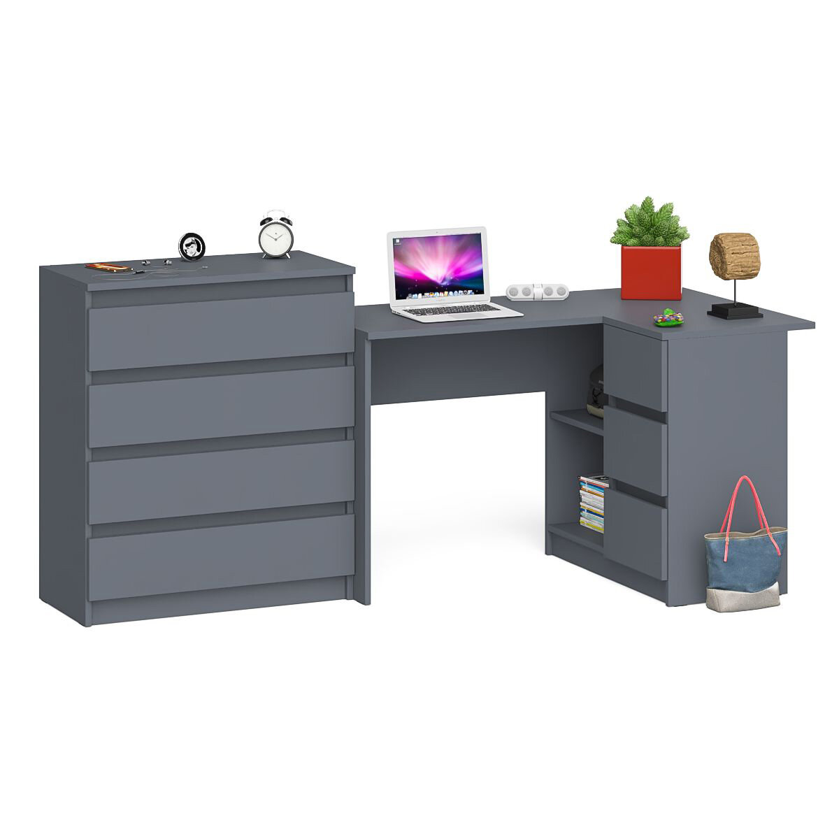 Комод СВК Мори МК-800 4 ящика и угловой стол компьютерный правый цвет графит, 204,8х84,9х94 см.