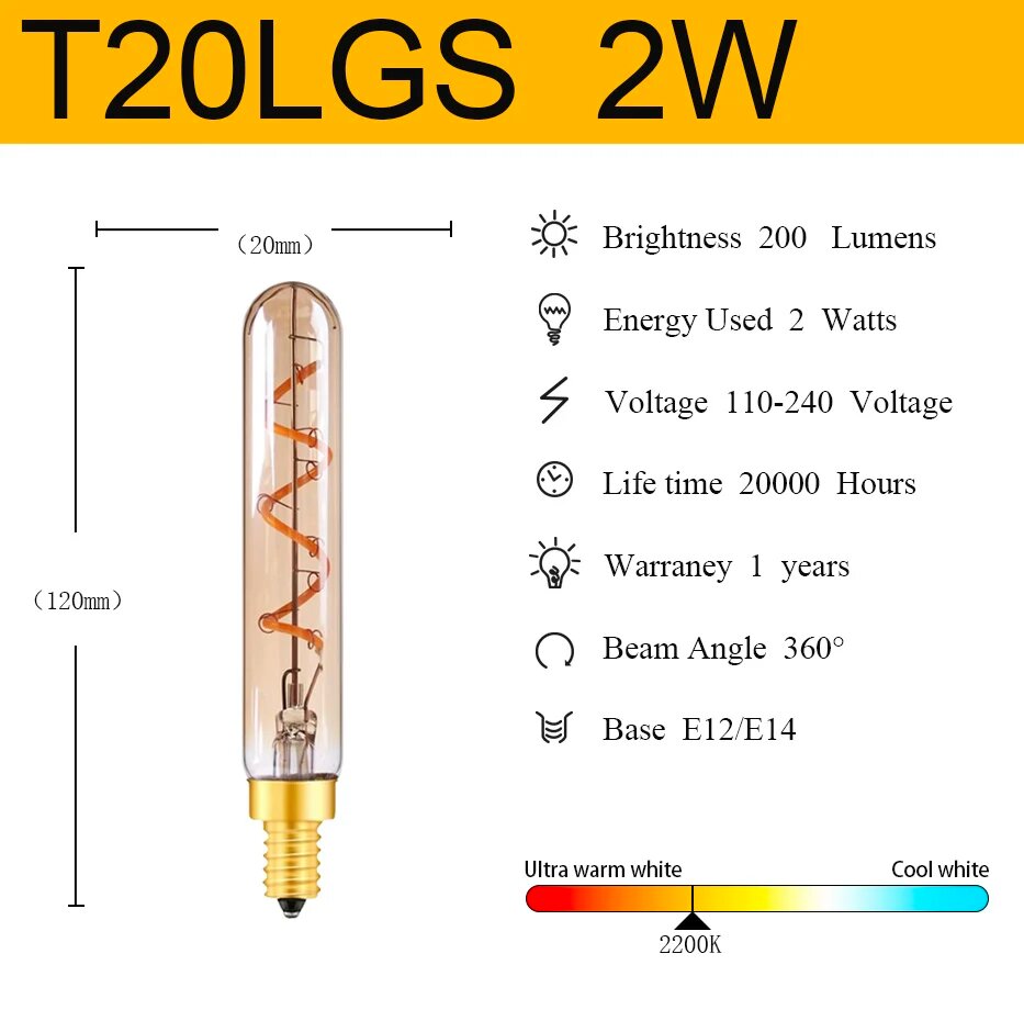 Светодиодные лампы Genixgreen T20 Edison E12 E14 теплый белый T20LGS 2W, E14 220V