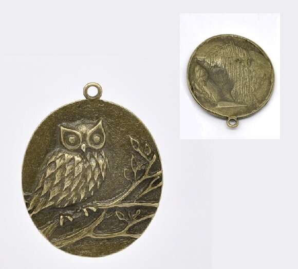 Подвеска, 50х40мм, медальон с совой, базовый материал - цинковый сплав, бронзовый, 1 шт.