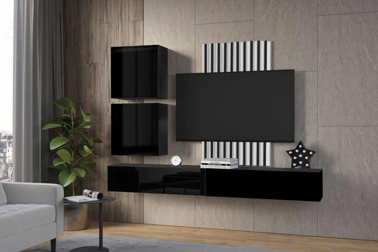 Стенка для гостиной POINT-К16, Черный Глянцевый / Белый, 240х180х40 (ШхВхГ)