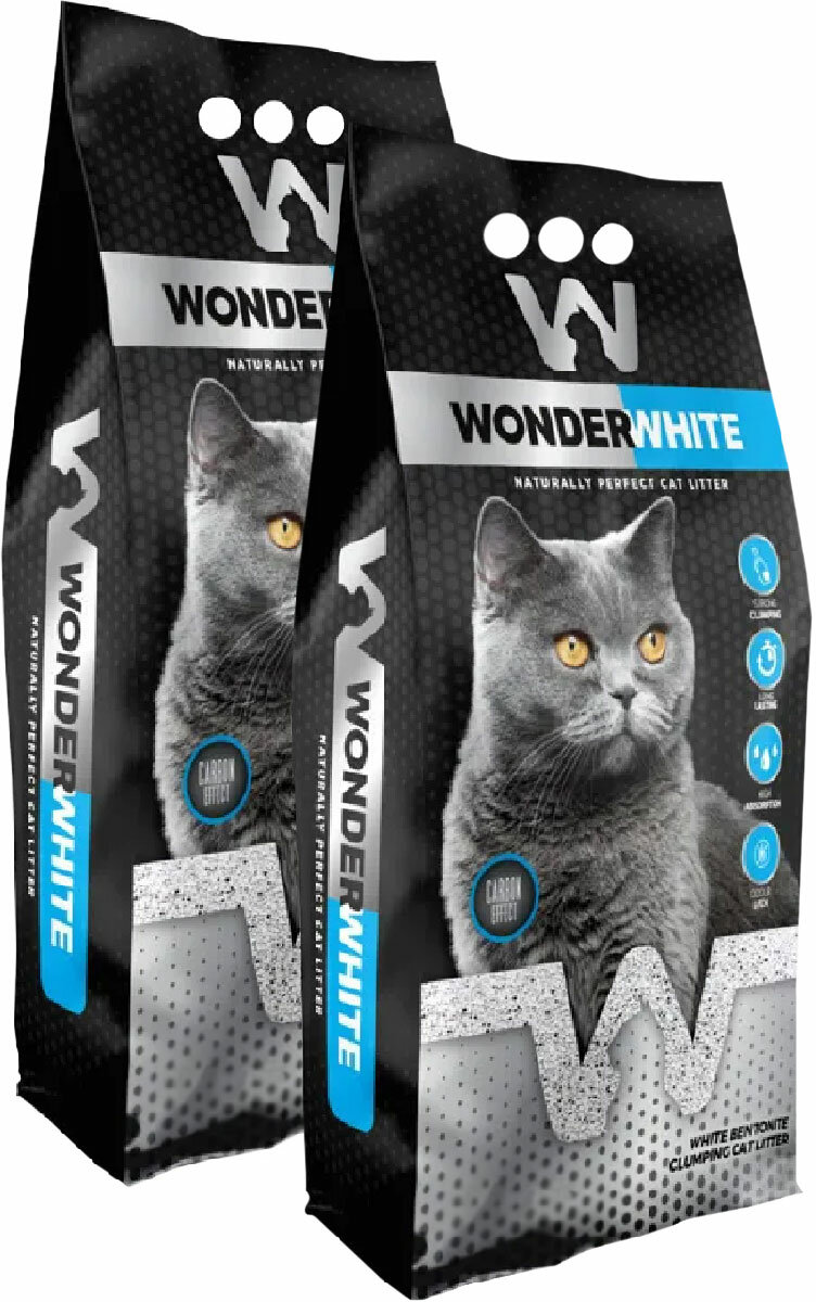 WONDER WHITE CARBON EFFECT наполнитель комкующийся для туалета кошек с активированным углем без запаха (5 + 5 кг)