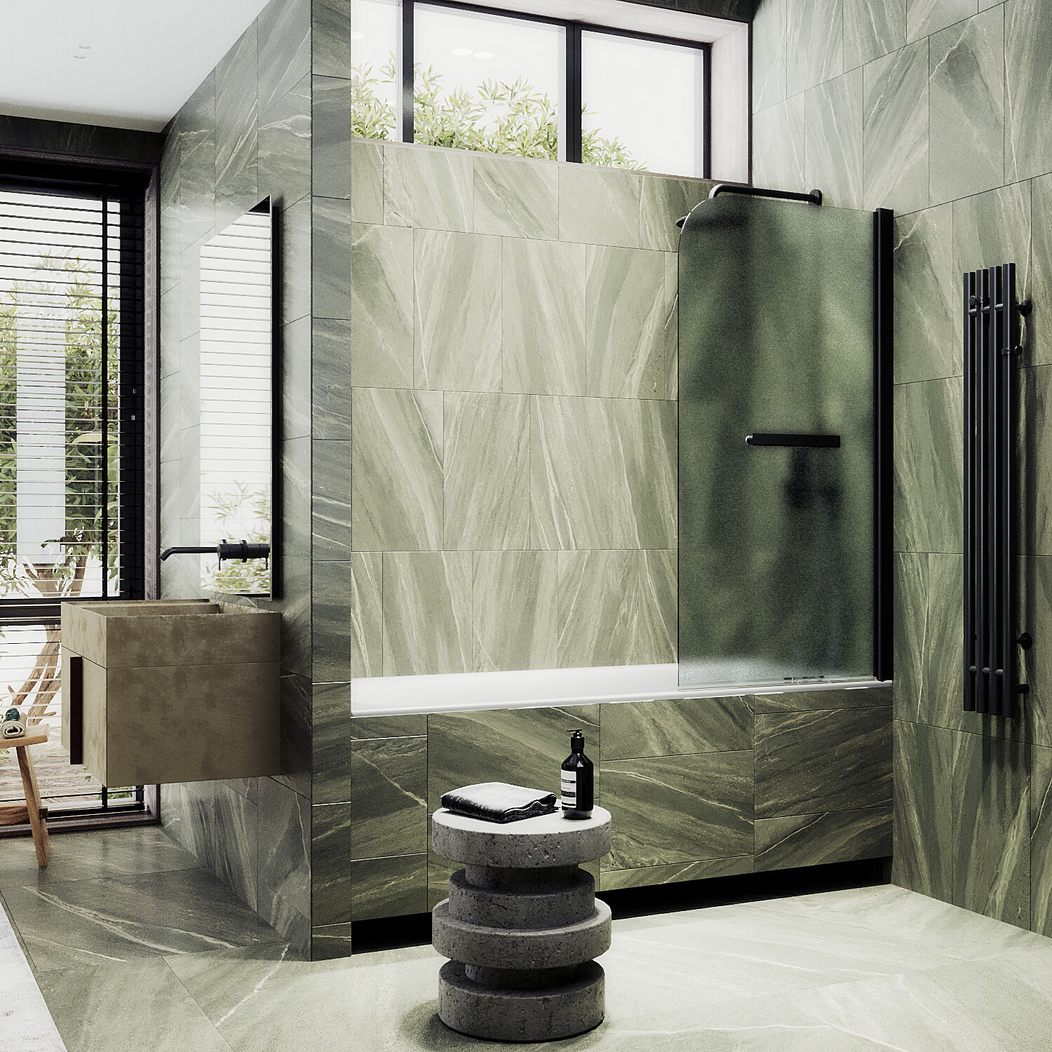 Шторка для ванны MaybahGlass 70х140 MGV-787-6 с полотенцедержателем, стекло сатин, профиль черный