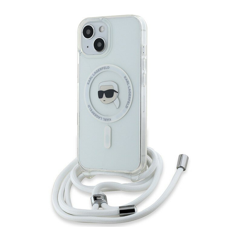 Karl Lagerfeld для iPhone 15 чехол со шнурком, Crossbody PC/TPU NFT Karl Head прозрачный (MagSafe)