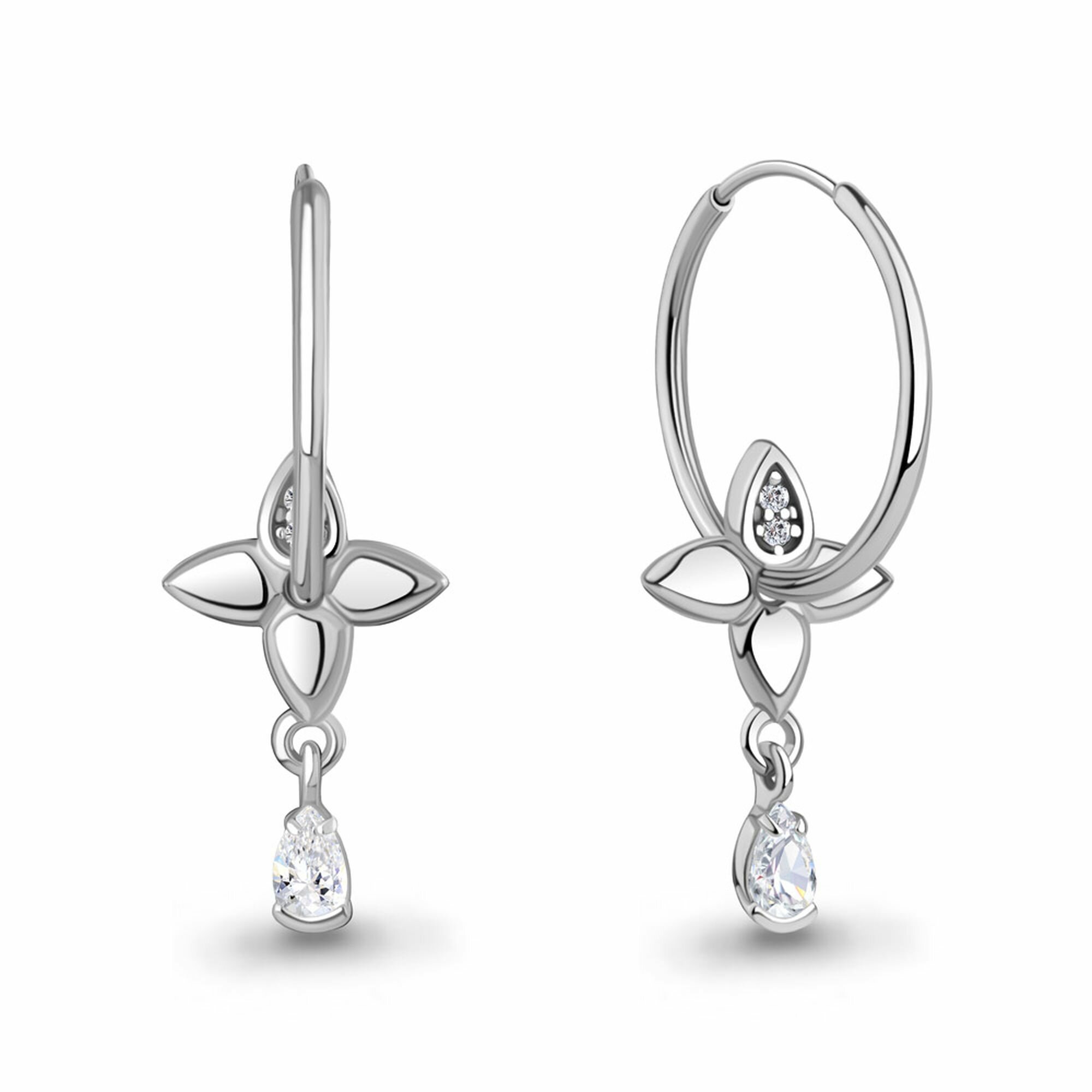 Серьги конго, трансформеры, серебро, 925 проба, родирование, фианит