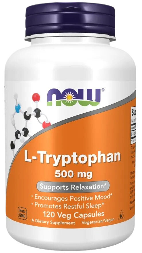 Триптофан, Нау, NOW L-Tryptophan, 500 мг, 120 вег. капс. хорошее настроение, здоровый сон и работа иммунной системы