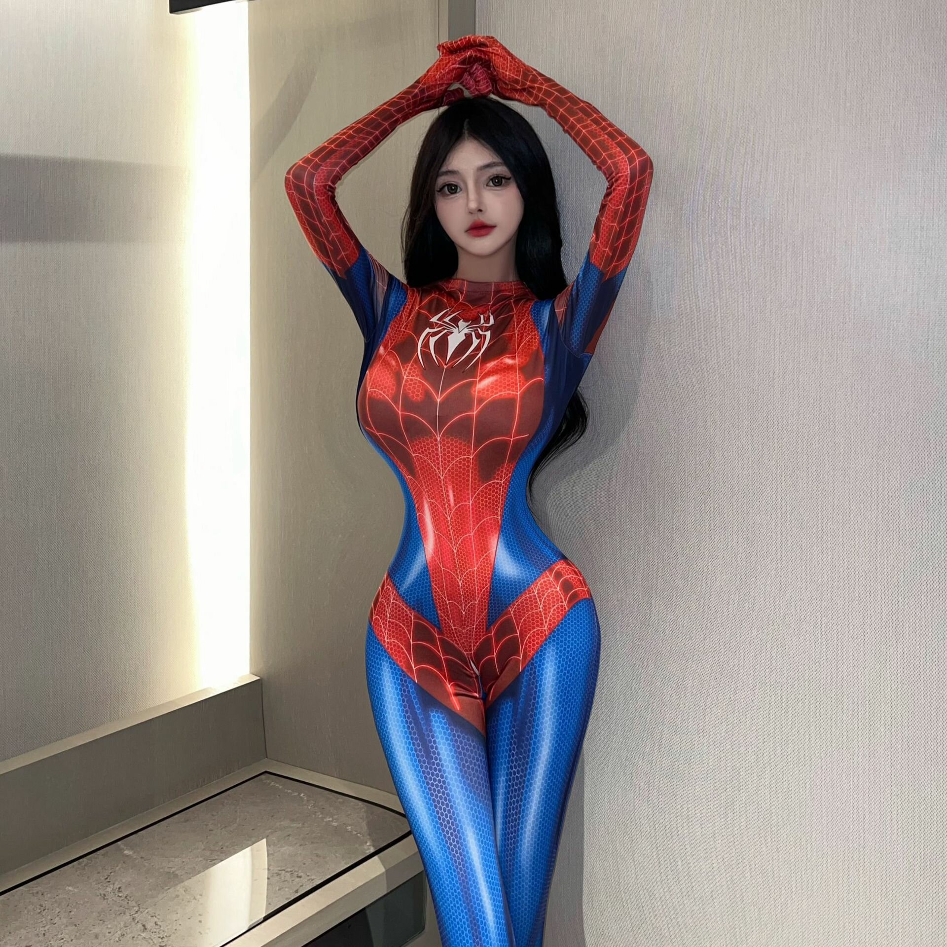 Сексуальный облегающий боди в стиле Красного Человека-паука с очень длинной молнией и открытой промежностью, нижнее белье для косплея в стиле аниме-персонажа.