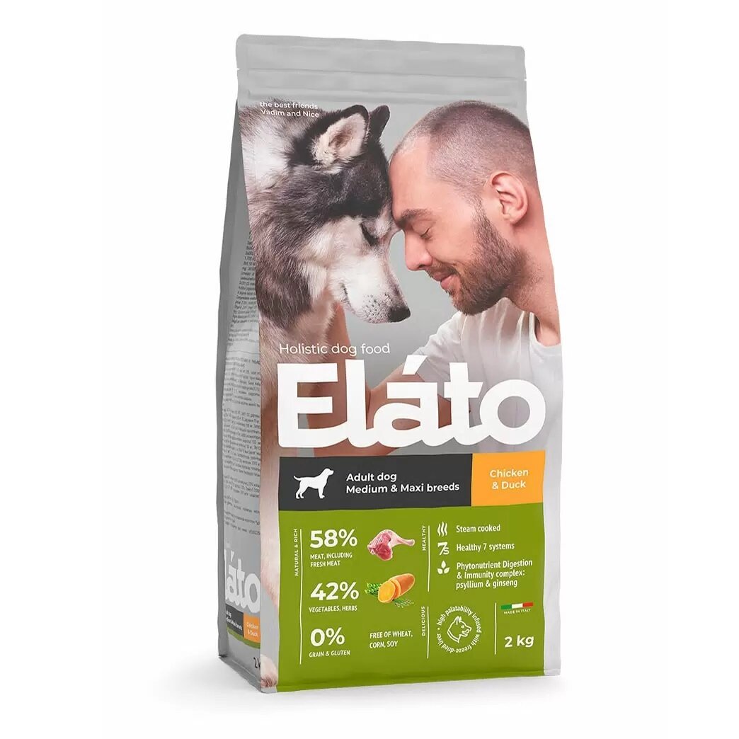 Elato_ Сухой корм Elato Holistic для собак средних и крупных пород с курицей и уткой, 8кг