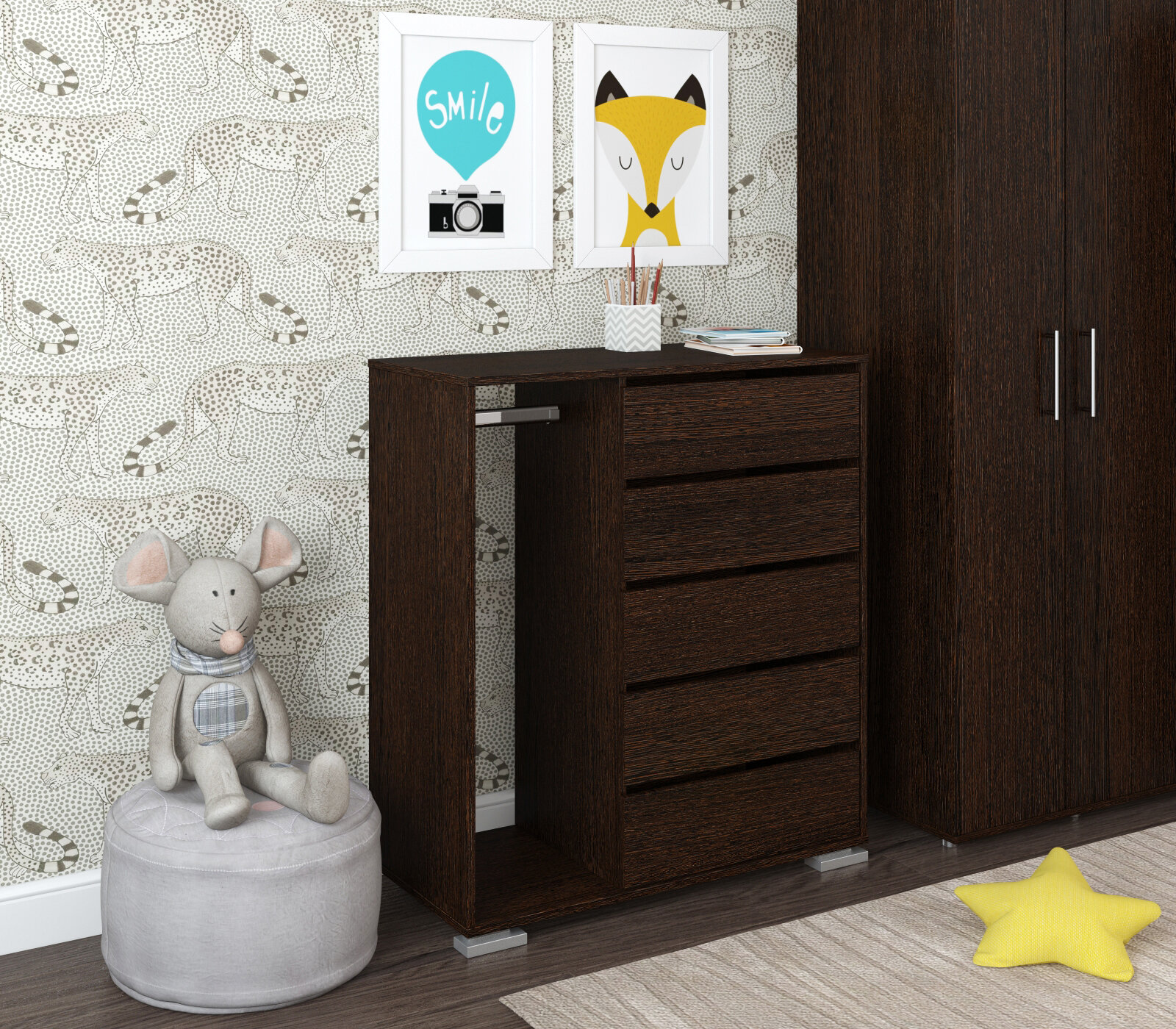 Шкаф, комод, шкаф-комод с ящиками, со штангой Есэндвич Лаворо, 90x43х102 см, правый (Венге)