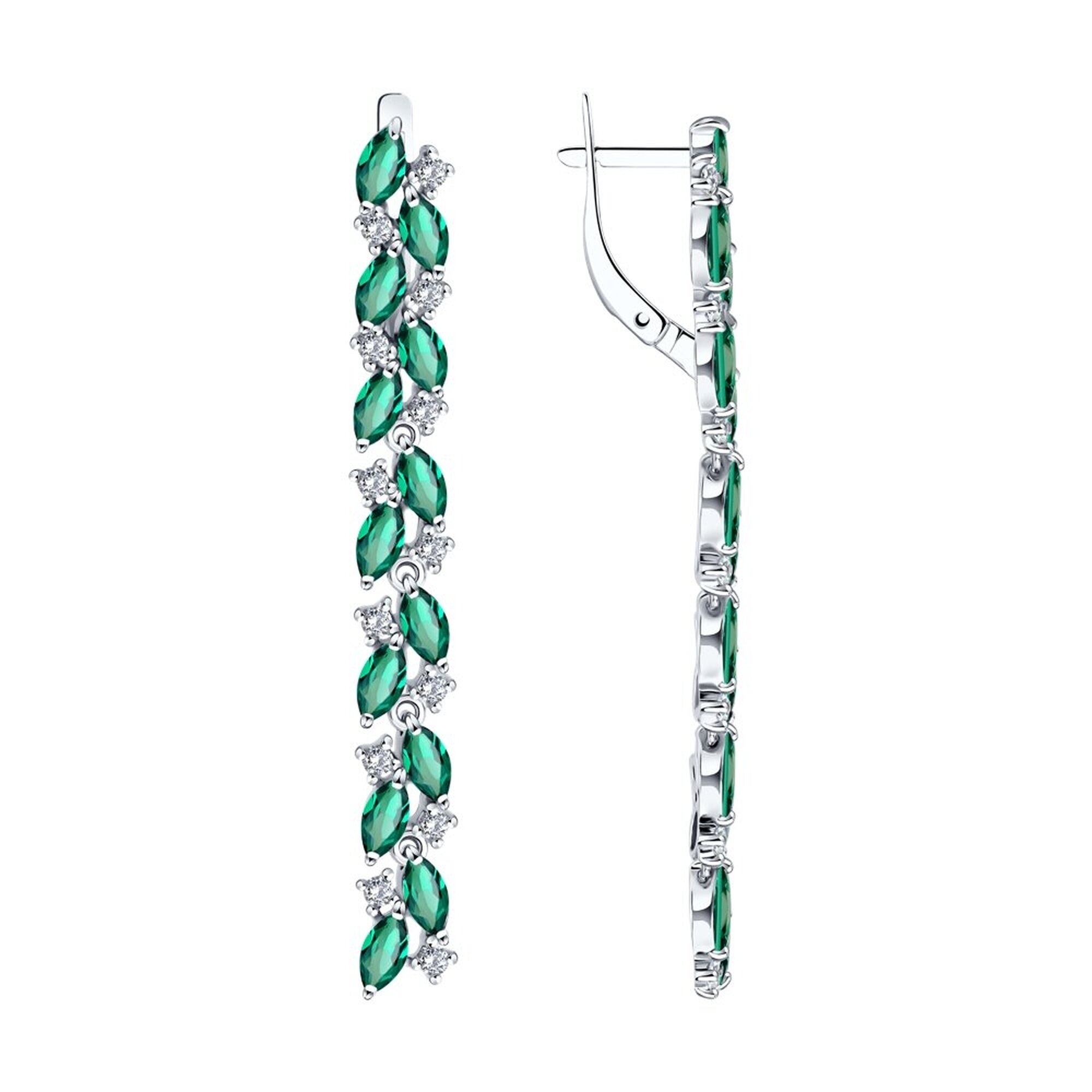 Серьги, серебро, 925 проба, родирование, изумруд синтетический, фианит