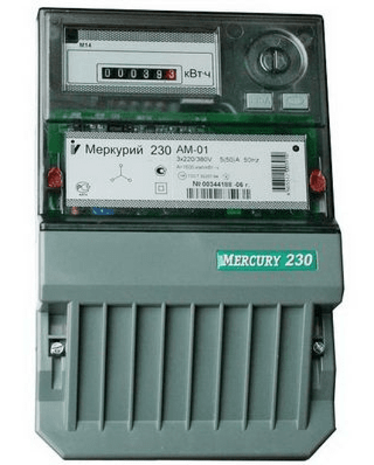 Счетчик электроэнергии Меркурий 230 АМ-01 трехфазный однотарифный ОУ шкаф, 170х74х258мм, 380В, 5-60А, 220000ч / электросчетчик