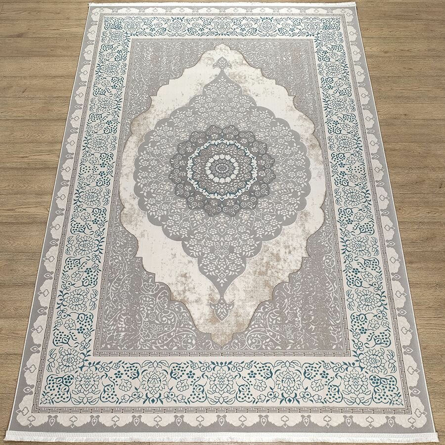 Ковер "Лакшери" бежевый с голубым оттенком, 80x150 см, ворсовый прямоугольный, гипоаллергенный, основа-джут.