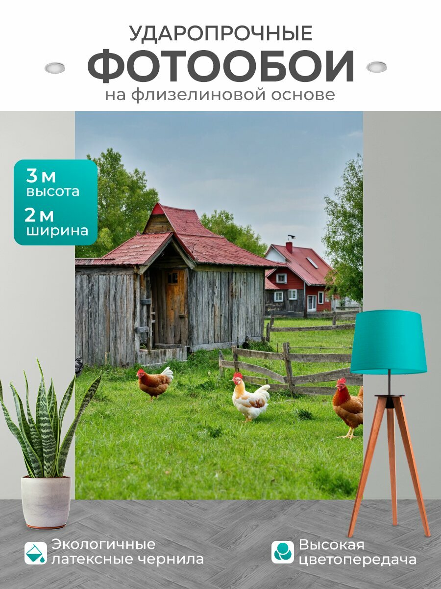 Фотообои моющиеся ударопрочные "Россия, традиционная русская деревня с деревянными домиками, заборчиками и курицами на дворе" 200x300 см. флизелиновые на стену
