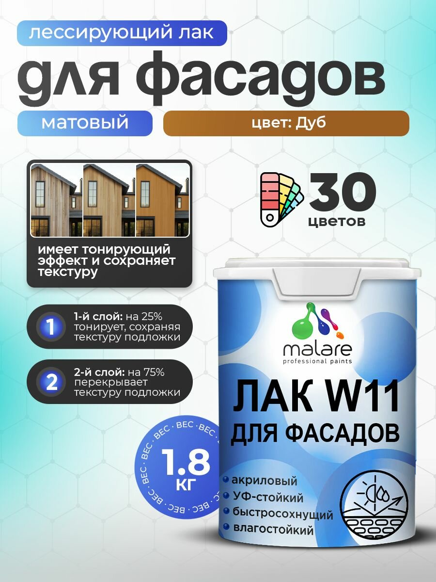 Лак колерованный тонирующий фасадный Malare W11 для защиты фасадов зданий, для дерева, камня и кирпича, быстросохнущий влагостойкий экологичный, матовый, дуб, 1.8 кг.