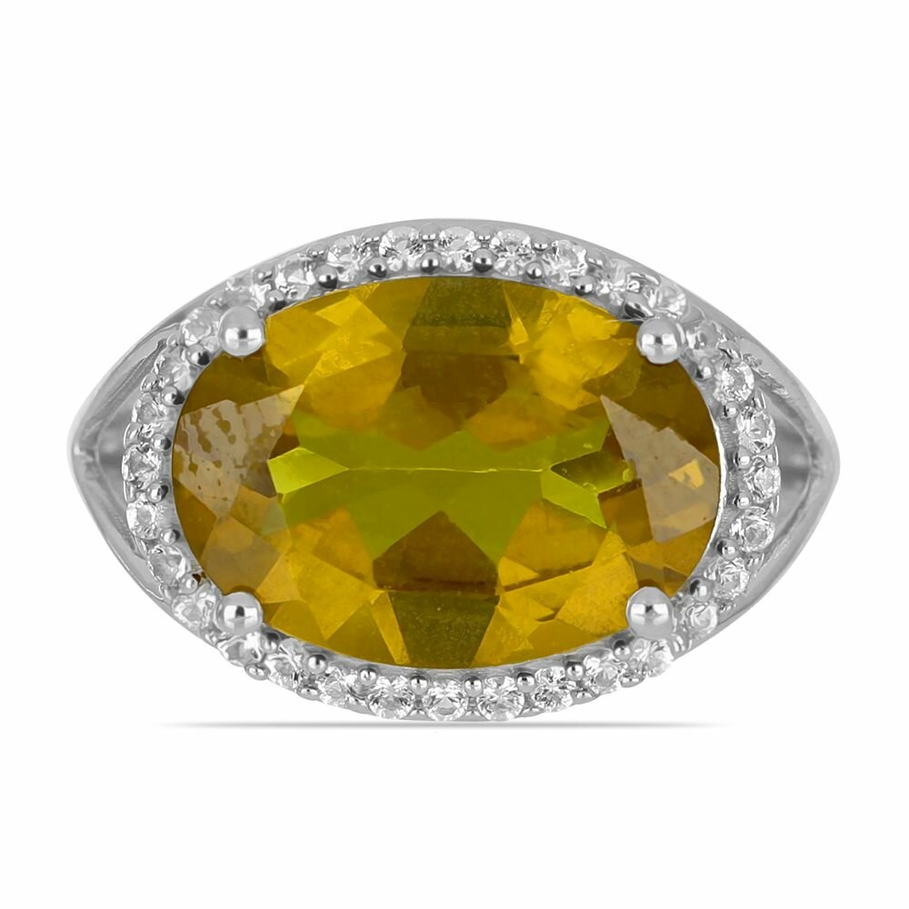 Кольцо, серебро, 925 проба, родирование, султанит синтетический, топаз