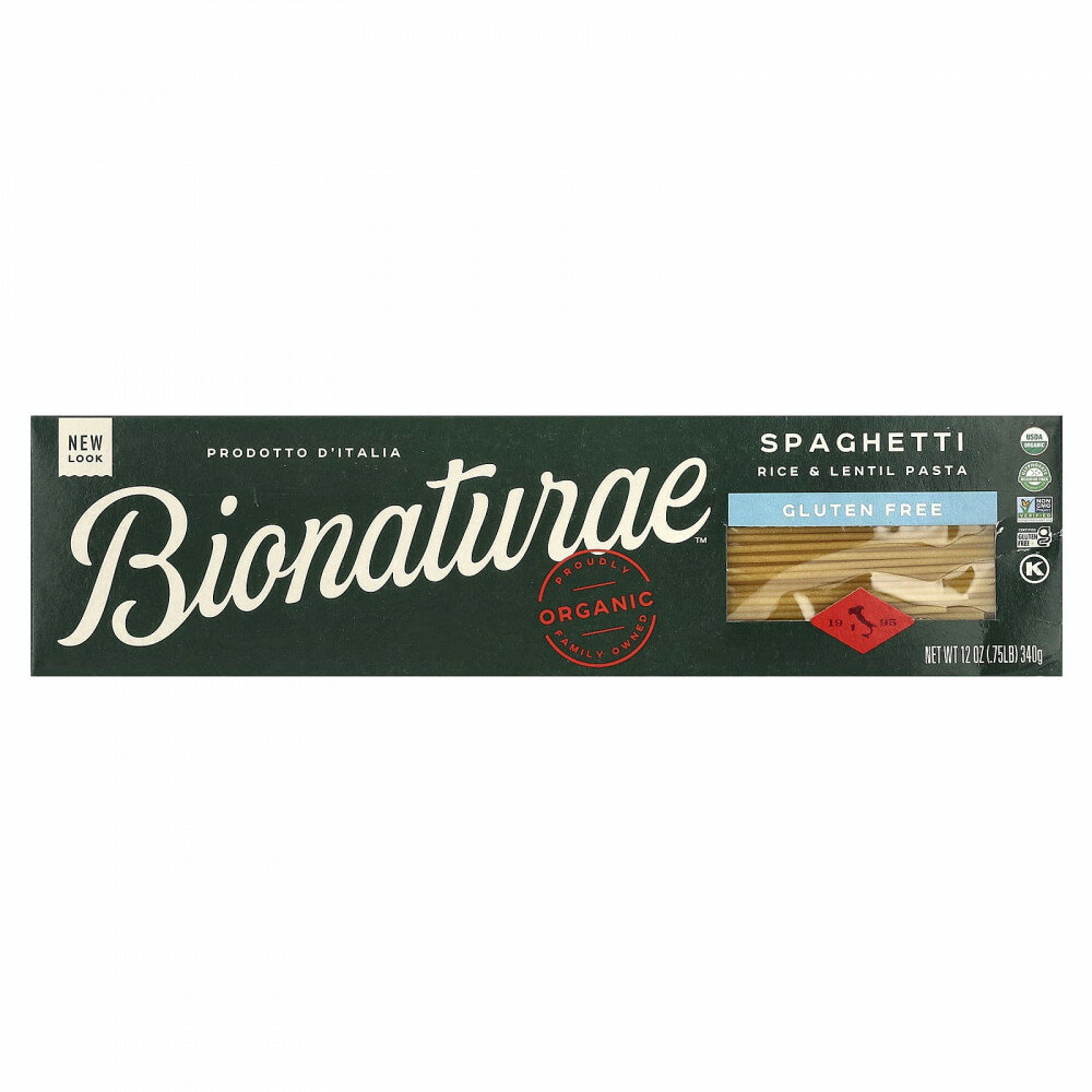 Bionaturae, паста из риса и чечевицы без глютена, спагетти, 340 г (12 унций)
