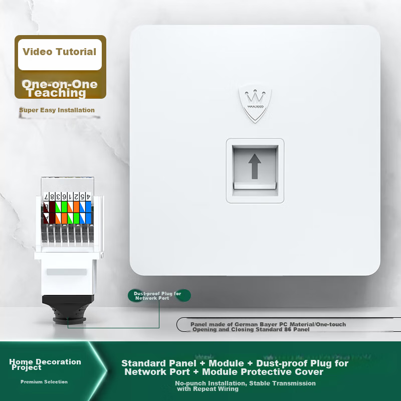 Cat6 Gigabit Network Panel with Module, Cat6 Gigabit Ethernet Socket, 86-Type Single-Port Panel, Home Computer Modular Crystal Head Network Port Panel Set, White