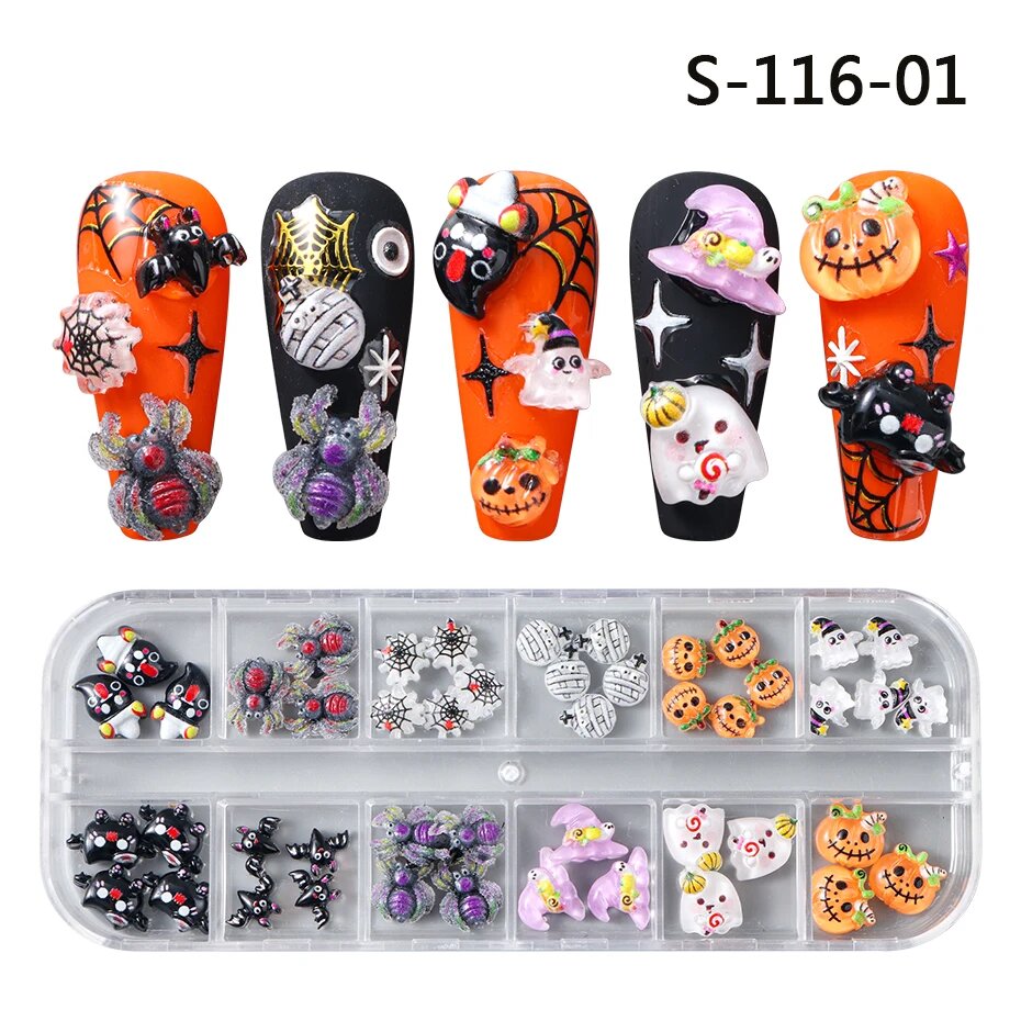 12 ячеек, Хэллоуин, фигурки для ногтей, кавайная хлопковая мягкая глина, призрак, тыква, летучая мышь, дизайнерские украшения, искусство, аксессуары для маникюра