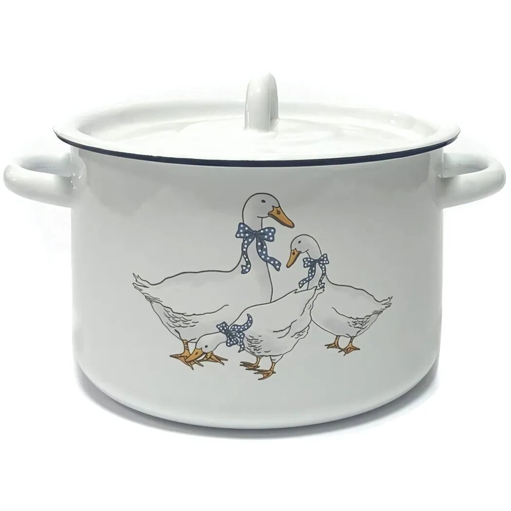 Кастрюля эмалированная 2л без ободка «Гуси», белая, с ручками, для кухни