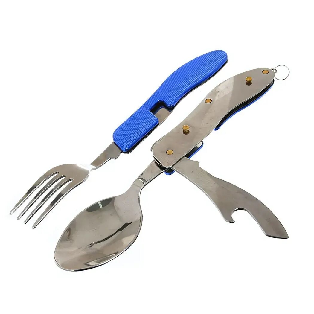 Набор столовых приборов 3 в 1, складной, нержавейка/синий пластик