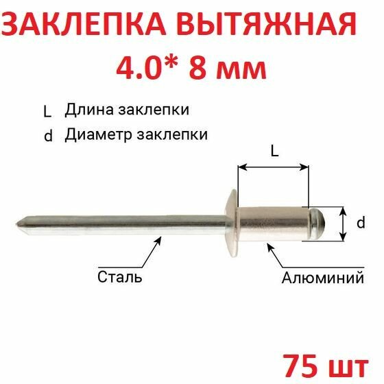 Заклепка вытяжная 4,0x 8 мм 75 шт
