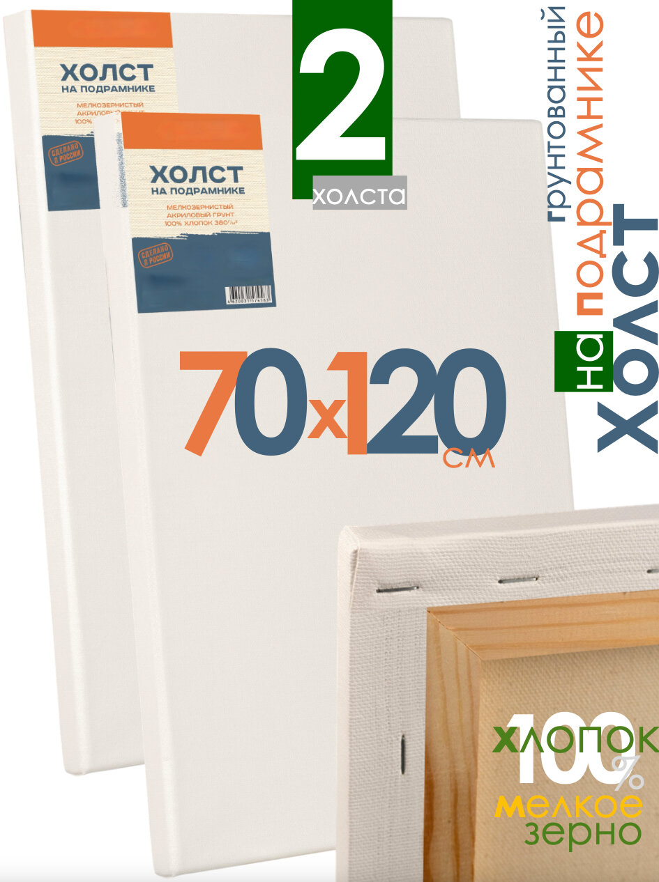 Холст на подрамнике 70х120 см, Комплект 2 шт, хлопок Пинакс, мелкозернистый, 380 гр/м2, артикул SF-ХПХ70120-02