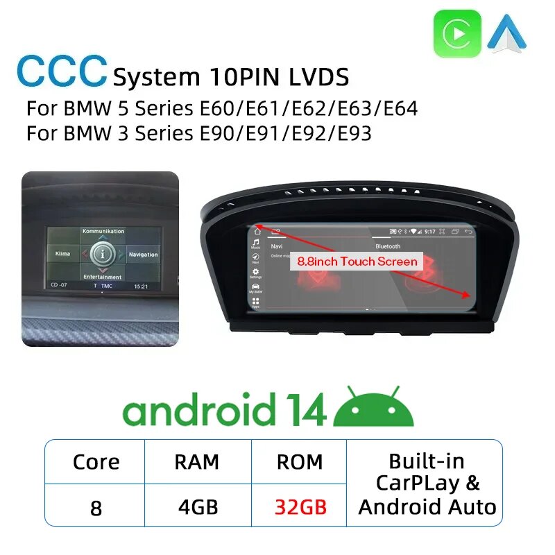 Android 14 Беспроводной Carplay IPS-экран для BMW 3 5 серии E60 E61 E62 E63 E90 E91 E92 Автомобильный радиоприемник Мультимедийный плеер Стерео GPS 4G 4G32 CCC