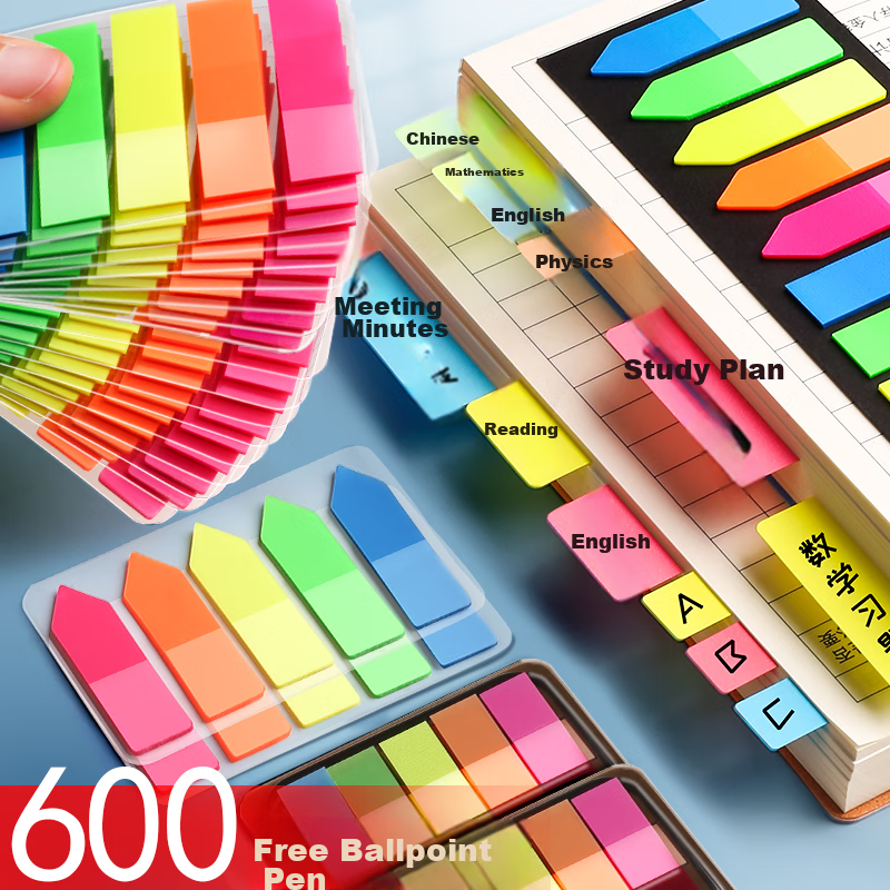 Jinzhi 600 Sheets 5 Colors + 1 Arrow-Shaped Ballpoint Pen, Fluorescent Film Sticky Notes Labels, Transparent Waterproof Colored Strips, Index Markers Bookmarks Classification Page Dividers