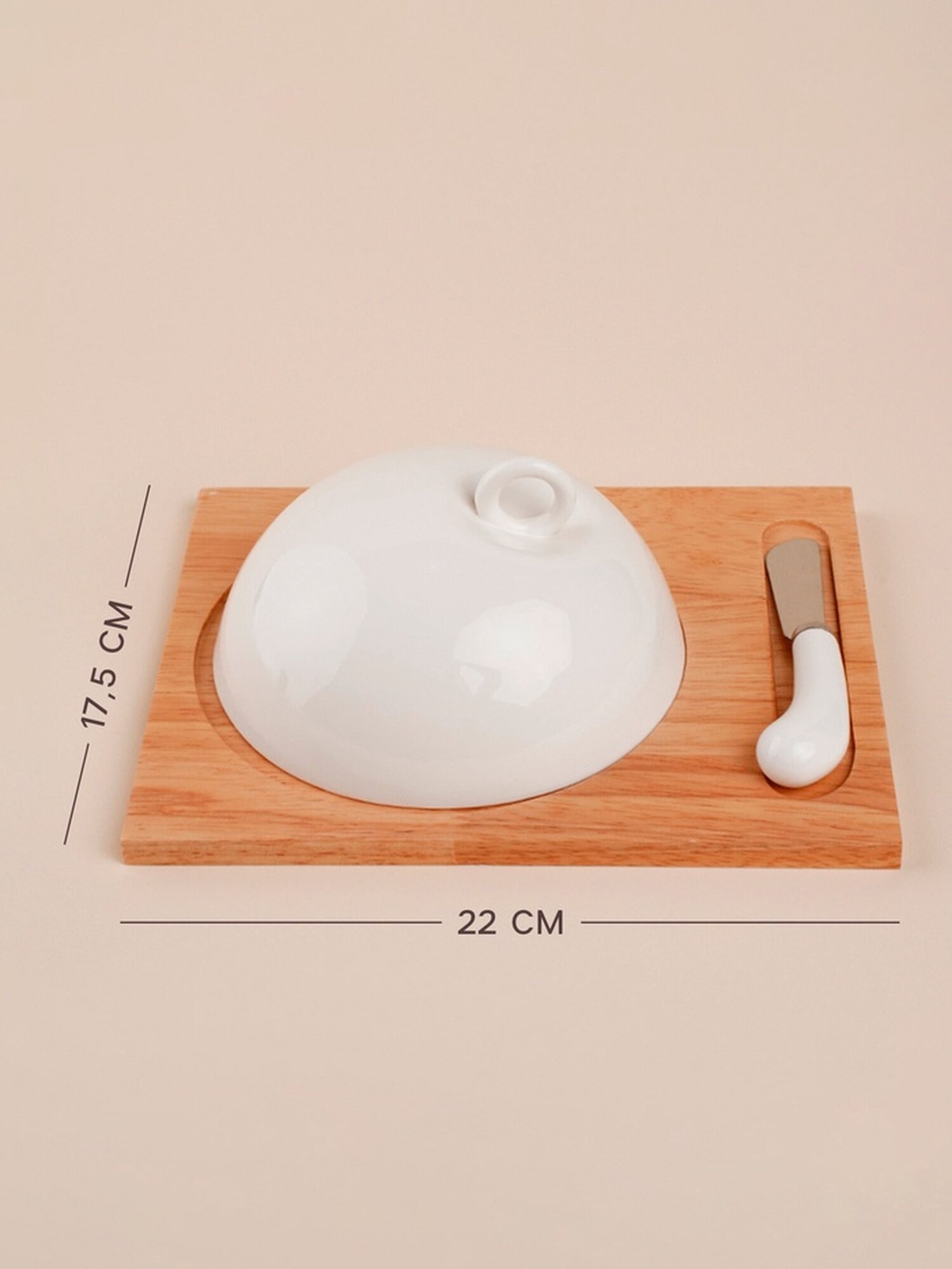 Маслёнка на деревянной подставке фарфоровая с ножом SL Home «Тренто»,22×17,5 см, цвет белый