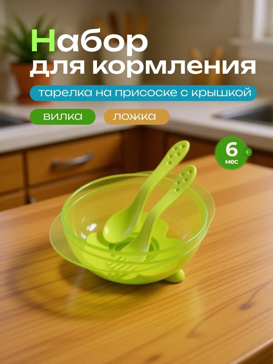 Набор детской посуды для кормления BabyLine: тарелка на присоске детская, ложка и вилка, 3 предмета