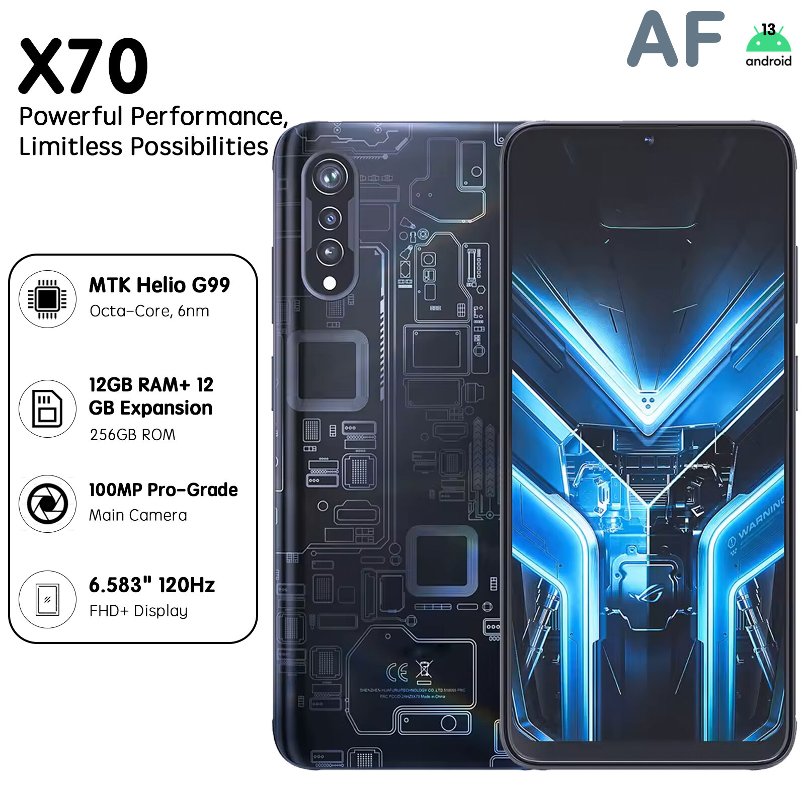 X70, Helio G99, Octa-Core, 120Hz 6.583" Screen, 24GB RAM(12GB+12GB Extended), 256GB ROM, 100MP Camera, NFC, Android 13